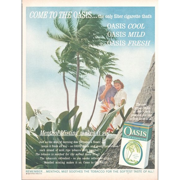 Oasis | Art | 961 Oasis Menthol Cigarettes Vintage Print Ad Tropical ...